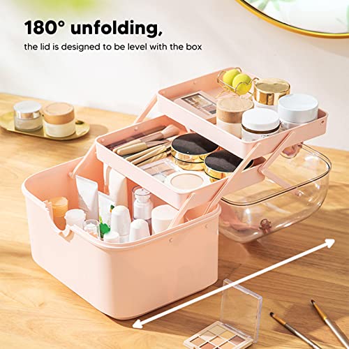 Topyond Makeup Box Organizer 3 Layer, Portable Medicine Storage Box, Large Capacity Transparent Handled Storage Case Multipurpose Makeup Box Craft Organizer for Home(Orange)