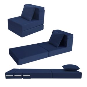 memorecool foldable futon chair bed sleeper for adults, single sofa bed folding mattress 6 inch, fold out couch bed with pillow, convertible foam floor sofa sleeping tri fold mattress chair (navy)