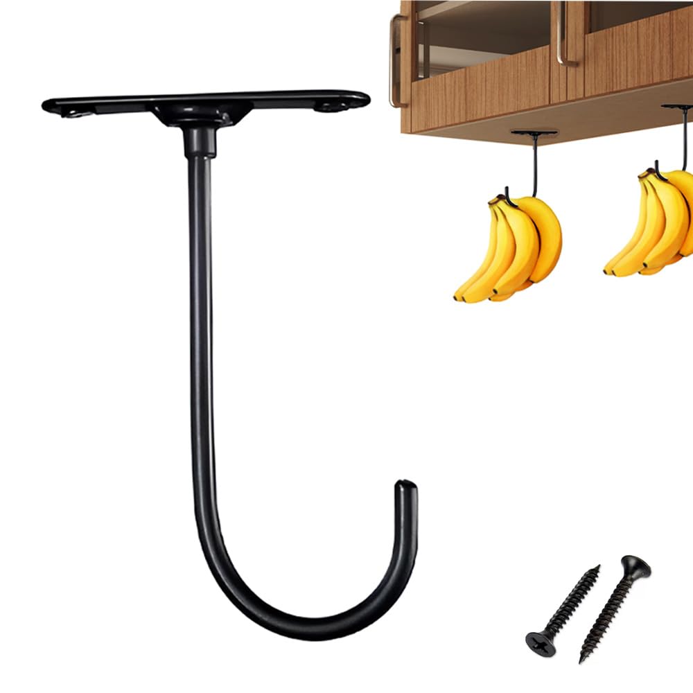 enttgo Haikole Banana Holder,Under Cabinet Hook for Bananas or Other Kitchen Items,Black Metal Banana Hook Under Cabinet,Banana Stand Ripens Bananas with Less Bruises (A-Banana Hook)