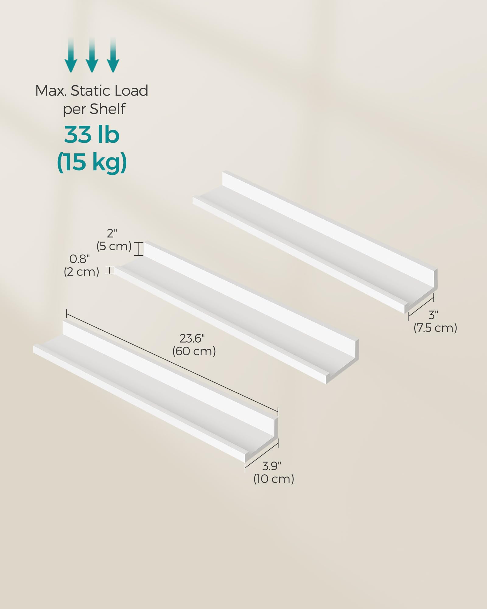 SONGMICS Floating Shelves, Set of 3 Wall Shelves, 23.6-Inch Wide, for Photo Frames and Trinkets, for Living Room, Home Office, Kitchen, Bathroom, White ULWS061W01