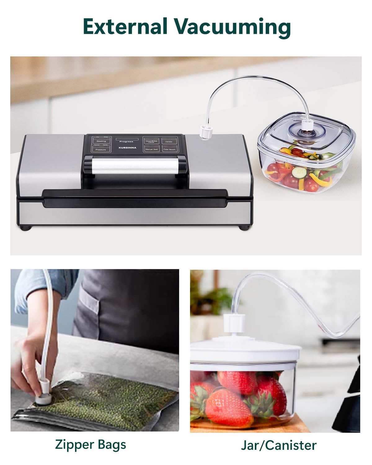 KURSINNA Automatic Vacuum Sealer Machine, 8 in 1 Multi-function Dry/Moist Modes For Food Preservation, Powerful Food Sealer with Built-in Cutter and Bag Storage | VS5738