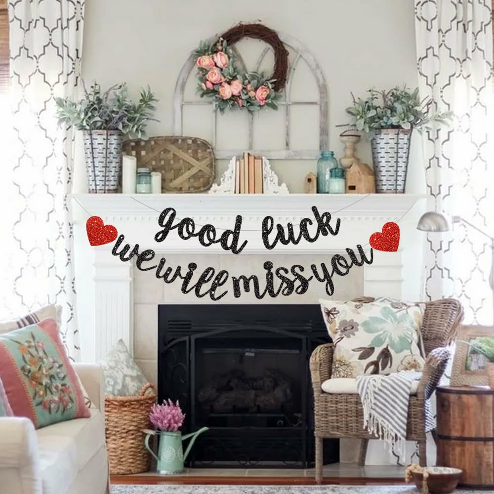 BEISHIDA Black Good Luck We Will Miss You Banner,Pre-Strung Glitter Retirement Party Sign Garland,Going Away Farewell Party Decorations, Graduation Party Supplies (No DIY）