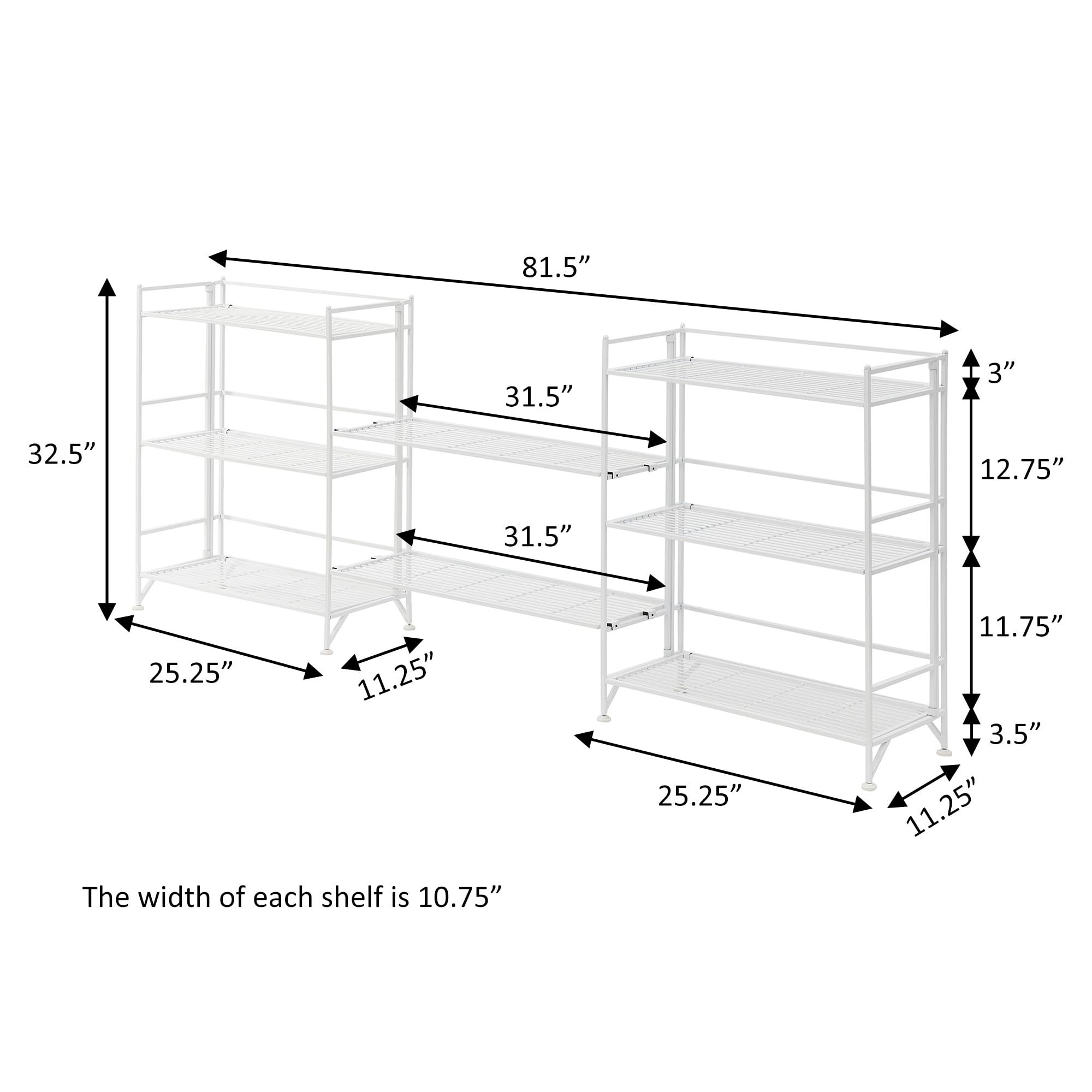 Convenience Concepts Xtra Storage 3 Tier Wide Folding Metal Shelves with Set of 2 Deluxe Extension Shelves - Organizer for Living Room, Office, Bedroom, Garage, Kitchen, Bathroom, White