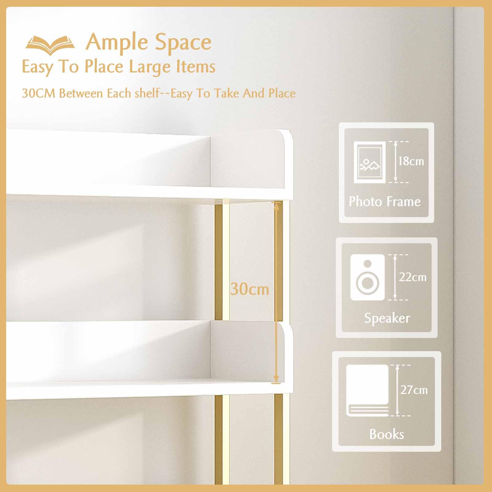 OSCHF Wide Open Shelf Bookcase - Modern 4-Tier Floor Standing Display Bookshelf with Three-Side Baffles for Home and Office, Storage Shelving in Warm White with Gold Frame