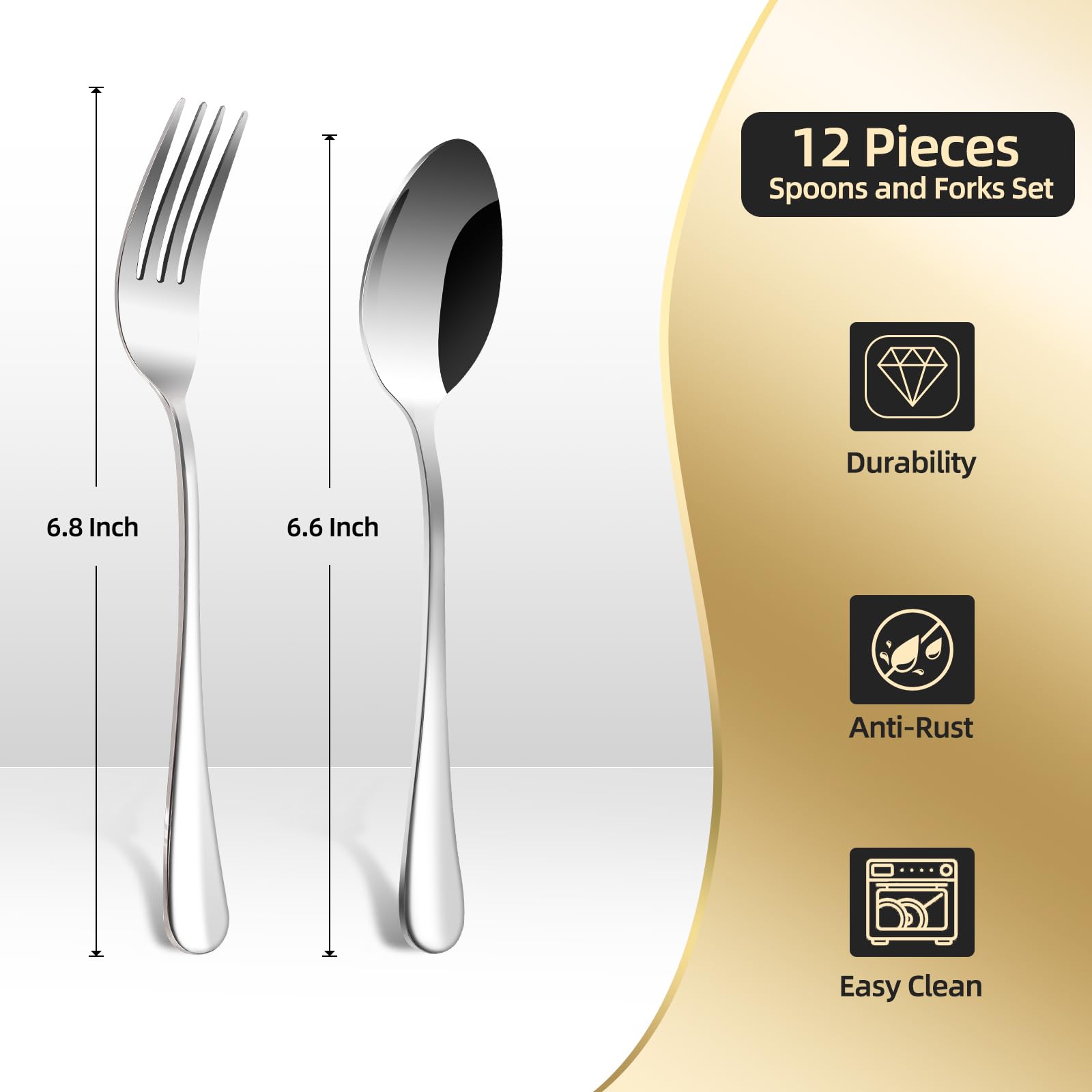 12 Pieces Spoons and Forks Set,Food Grade Stainless Steel Flatware Cutlery Set,6 Forks(6.8 inch) and 6 Spoons(6.6inch) Silverware Set for Home,Kitchen,Restaurant-Mirror Polished & Dishwasher Safe