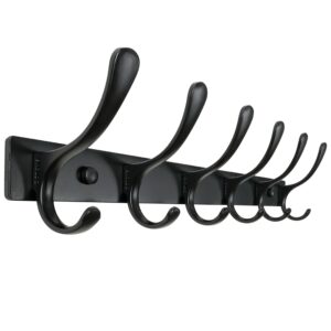 skoloo coat rack wall mounted - 6 hooks, heavy duty, stainless steel, metal wall coat hanger, sturdy wall hooks for hanging coat, jacket, clothes, hat, black