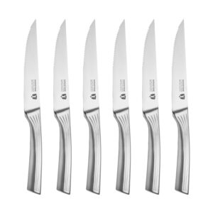 kingstone 5" steak knives set of 6 pieces kitchen steak knife set german stainless steel serrated steak knives with gift box dishwasher safe (6, sliver)