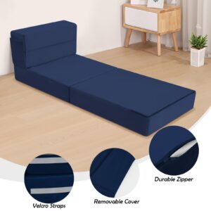 MeMoreCool Foldable Futon Chair Bed Sleeper for Adults, Single Sofa Bed Folding Mattress 6 Inch, Fold Out Couch Bed with Pillow, Convertible Foam Floor Sofa Sleeping Tri Fold Mattress Chair (Navy)