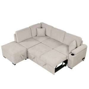 Sectional Sleeper Sofa with Storage Ottoman Pull Out Couch Bed with USB Charging & Cup Holder L-Shaped Comfy Couches for Living Room Convertible Couch Beds for Bedroom Apartment, 87.4" Beige