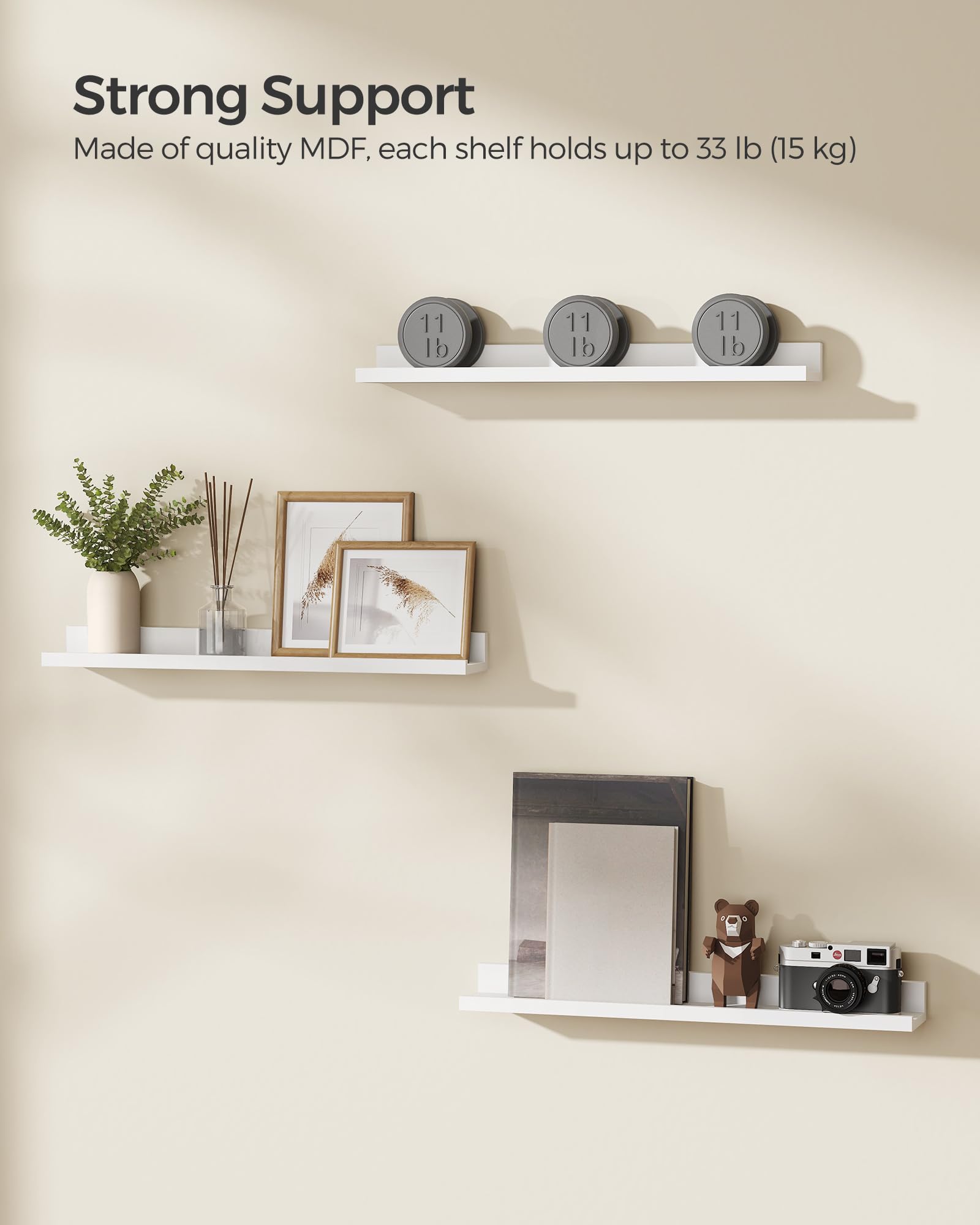 SONGMICS Floating Shelves, Set of 3 Wall Shelves, 23.6-Inch Wide, for Photo Frames and Trinkets, for Living Room, Home Office, Kitchen, Bathroom, White ULWS061W01