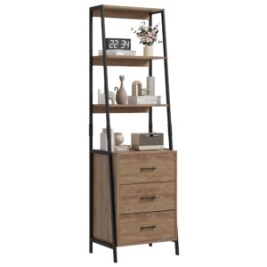 botlog industrial ladder bookshelf with 3 fabric storage drawers, 4-tier bookcase, display standing shelf unit storage organizer for living room, entryway, office, rustic brown