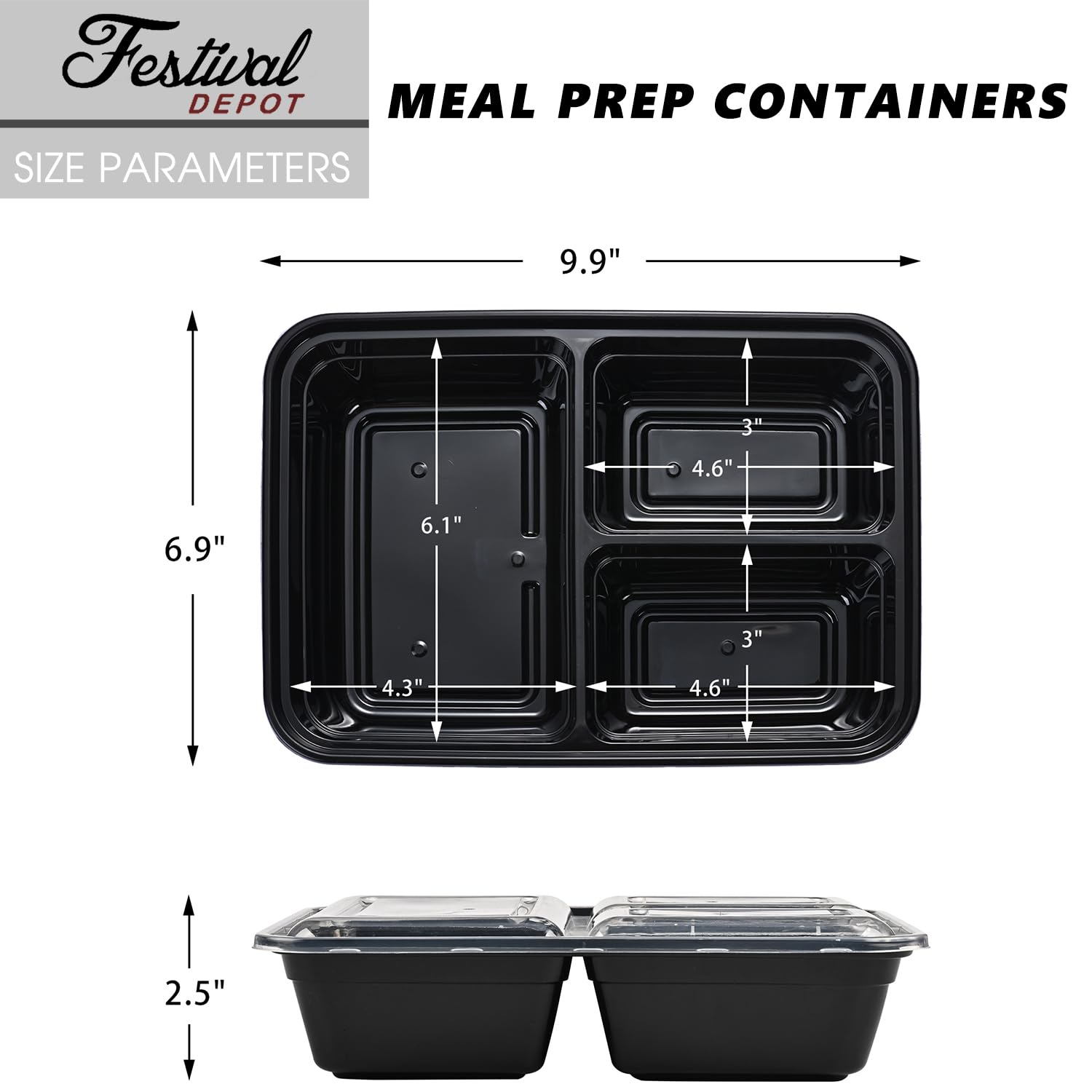 Sports Festival 22 Pack Meal Prep Containers, 43OZ Bento Box, 3 Compartment Divided Food Storage Containers Durable Stackable Reusable, For Microwave/Dishwasher/Freezer（22 Trays & 22 Lids）