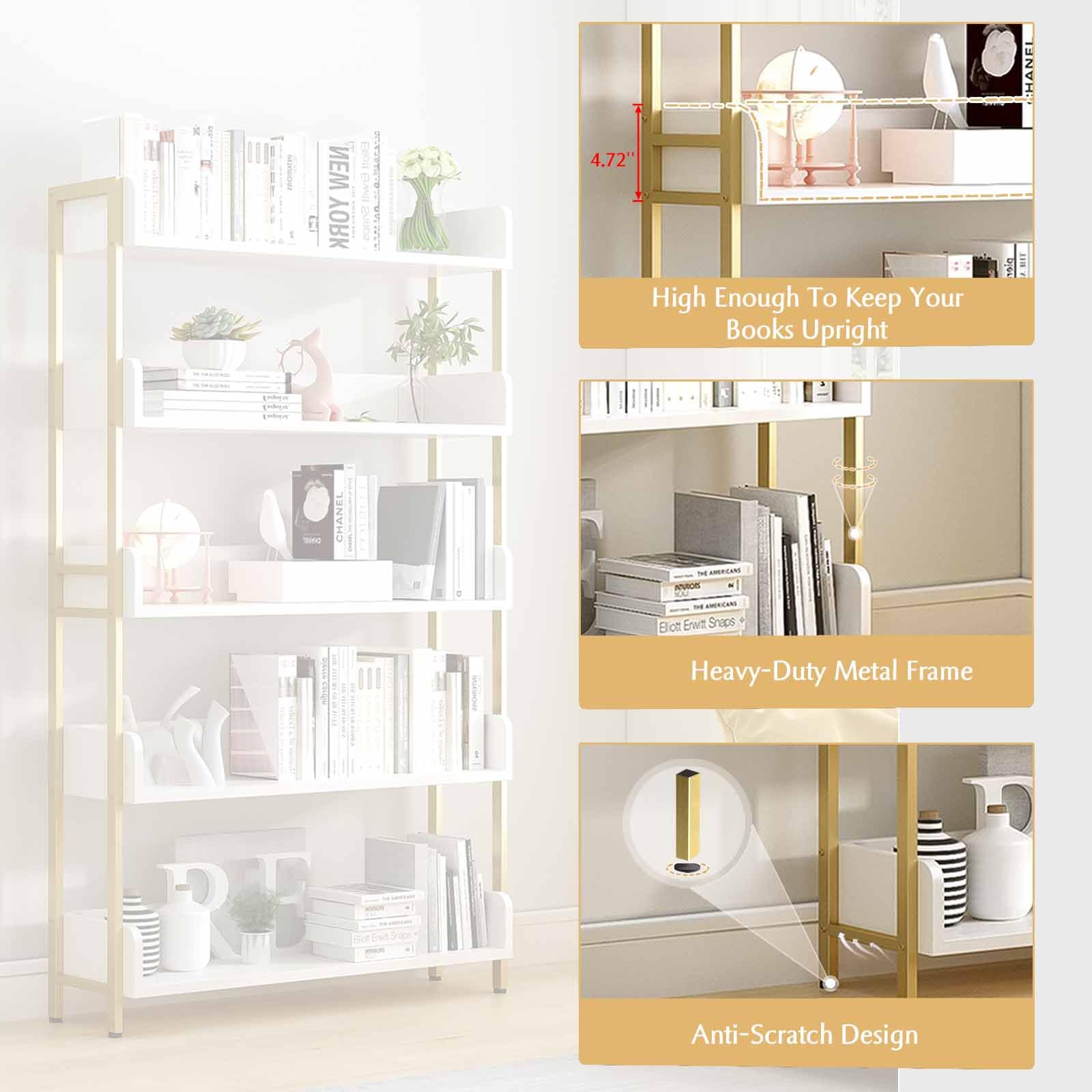 OSCHF Wide Open Shelf Bookcase - Modern 4-Tier Floor Standing Display Bookshelf with Three-Side Baffles for Home and Office, Storage Shelving in Warm White with Gold Frame