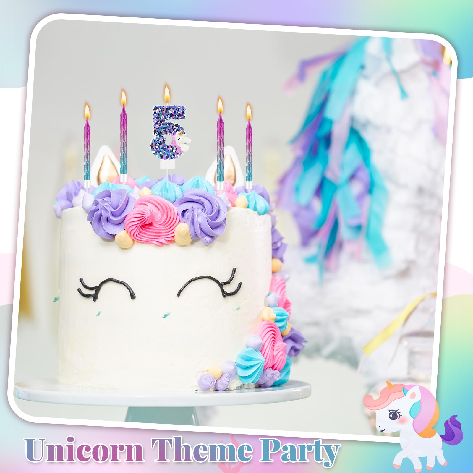 MTLEE Unicorn Birthday Candle Glitter Number Candle Unicorn Cupcake Toppers with 12 Pcs Numeral Rainbow Spiral Candle Purple Birthday Cake Candles for Baby Girl Boy Birthday Unicorn Party (Number 5)