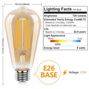 PARTPHONER LED Dimmable Edison Bulbs 6W 720LM, Vintage ST58 LED Light Bulb 2500K Amber Warm White Light 60 Watt Incandescent Equivalent E26 Base, 4 Pack