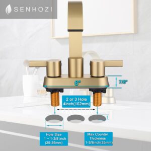 Senhozi Bathroom Sink Faucet 3 Hole Brushed Gold, 2 Handle 4 Inch Centerset Stainless Steel Bathroom Faucet with Pop up Drain and 2 Supply Lines, Waterfall Faucet Modern Faucet Bathroom, SE-0048-BG