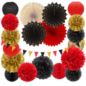 red-black gold casino theme party-decorations - 20pcs game night paper lanterns fans,tissue pom poms,honeycomb balls,bunting,birthday graduation wedding bridal baby shower decor burgleda