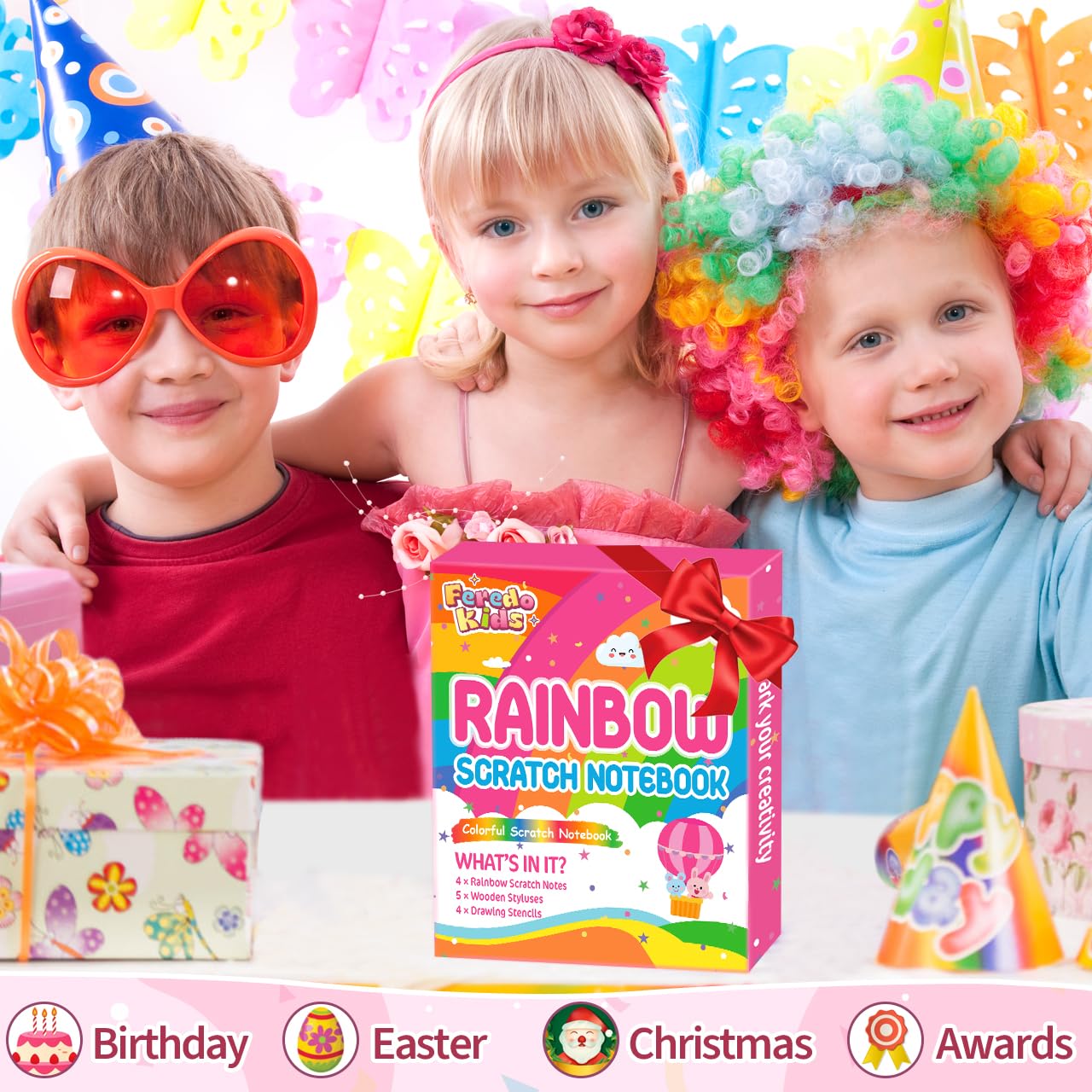 FEREDO KIDS Birthday Party Favors: 4 Pack Rainbow Scratch Notebook Bulk Party Favors for Kids Goodie Bags Prize Box Toys for Kids Classroom School Supplies Christmas Gifts Kids Crafts