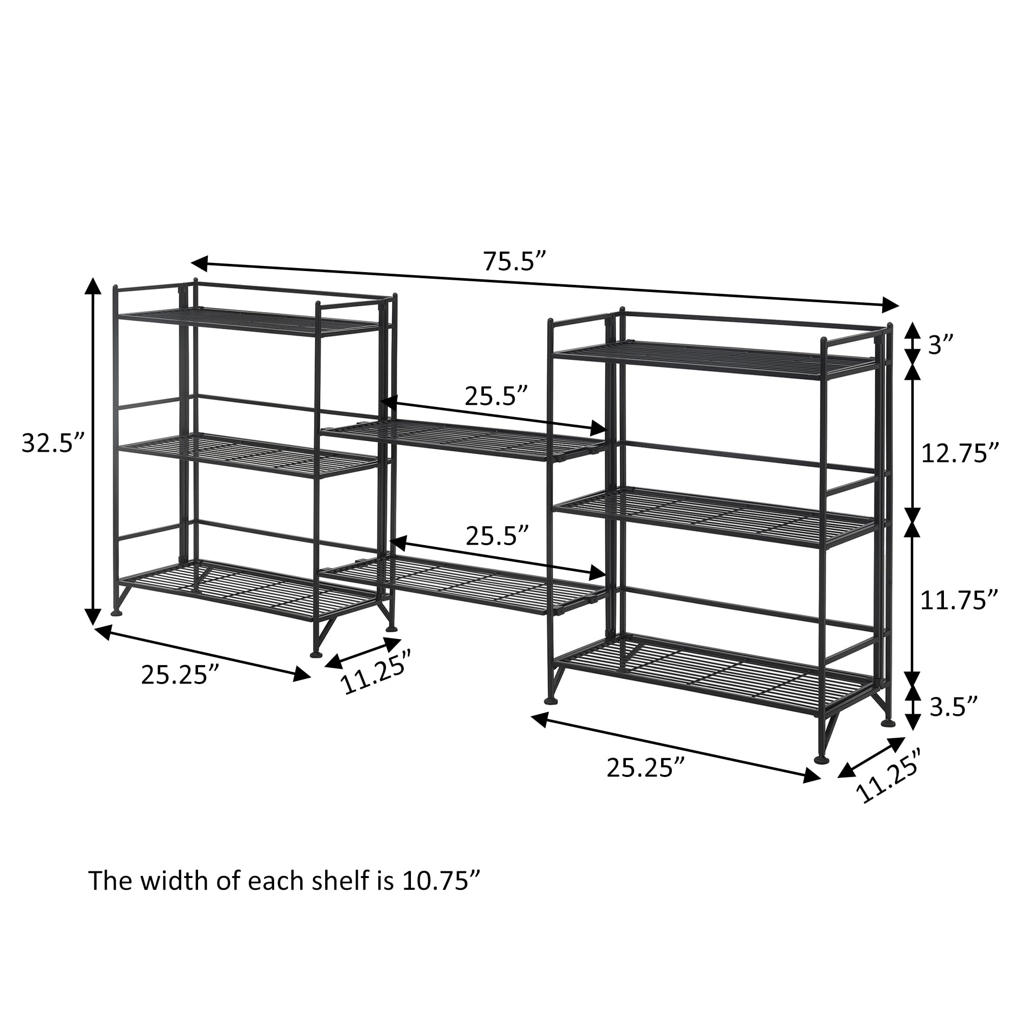 Convenience Concepts Xtra Storage 3 Tier Wide Folding Metal Shelves with Set of 2 Extension Shelves - Organizer for Living Room, Office, Bedroom, Garage, Kitchen, Bathroom, Black