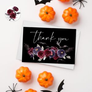 AnyDesign 25 Pack Floral Thank You Greeting Cards Halloween Flower Bat Invitation Cards Spooky Thank You Blank Note Cards for Holiday Party Invitation Supplies, 4 x 6 Inch