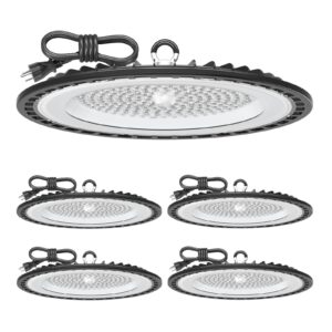 onlylux led high bay light 150w 4 pack, 5000k daylight, 22500lm, ufo led highbay lights with us 5ft cable, ip65 commercial bay lighting, for warehouse gym factory barn garage