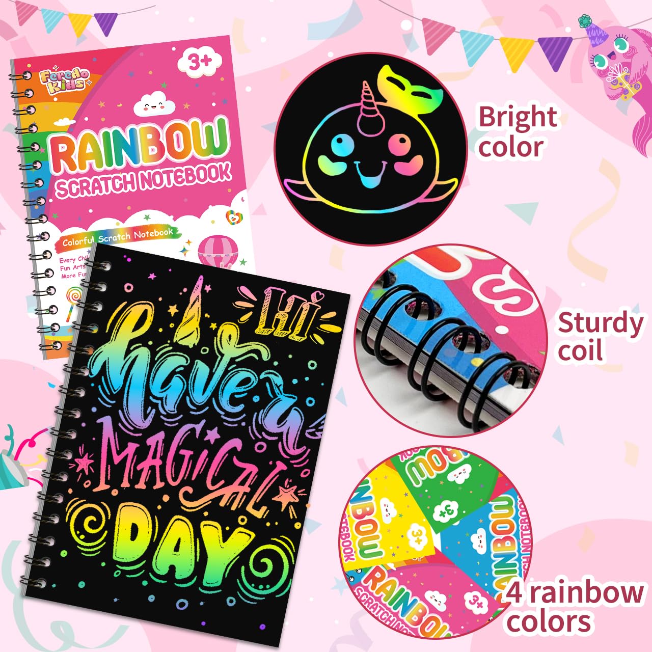 FEREDO KIDS Birthday Party Favors: 4 Pack Rainbow Scratch Notebook Bulk Party Favors for Kids Goodie Bags Prize Box Toys for Kids Classroom School Supplies Christmas Gifts Kids Crafts