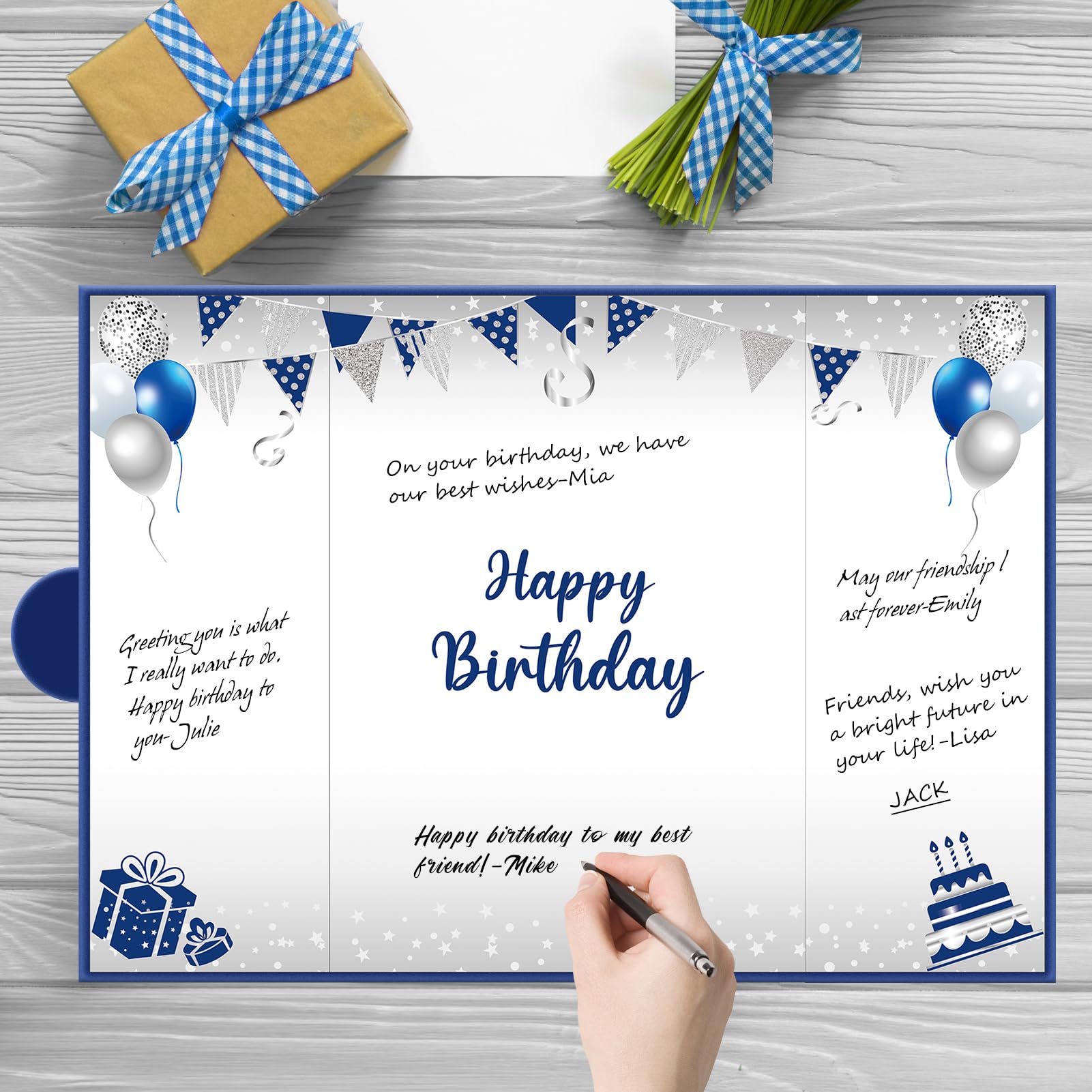 Blue Silver Large Birthday Guest Book Card Decorations for Men Boys, Navy Blue Happy Birthday Signature Book Jumbo Card Party Supplies, Big Birthday Guest Sign in Book, Card Happy Birthday Gift Sign