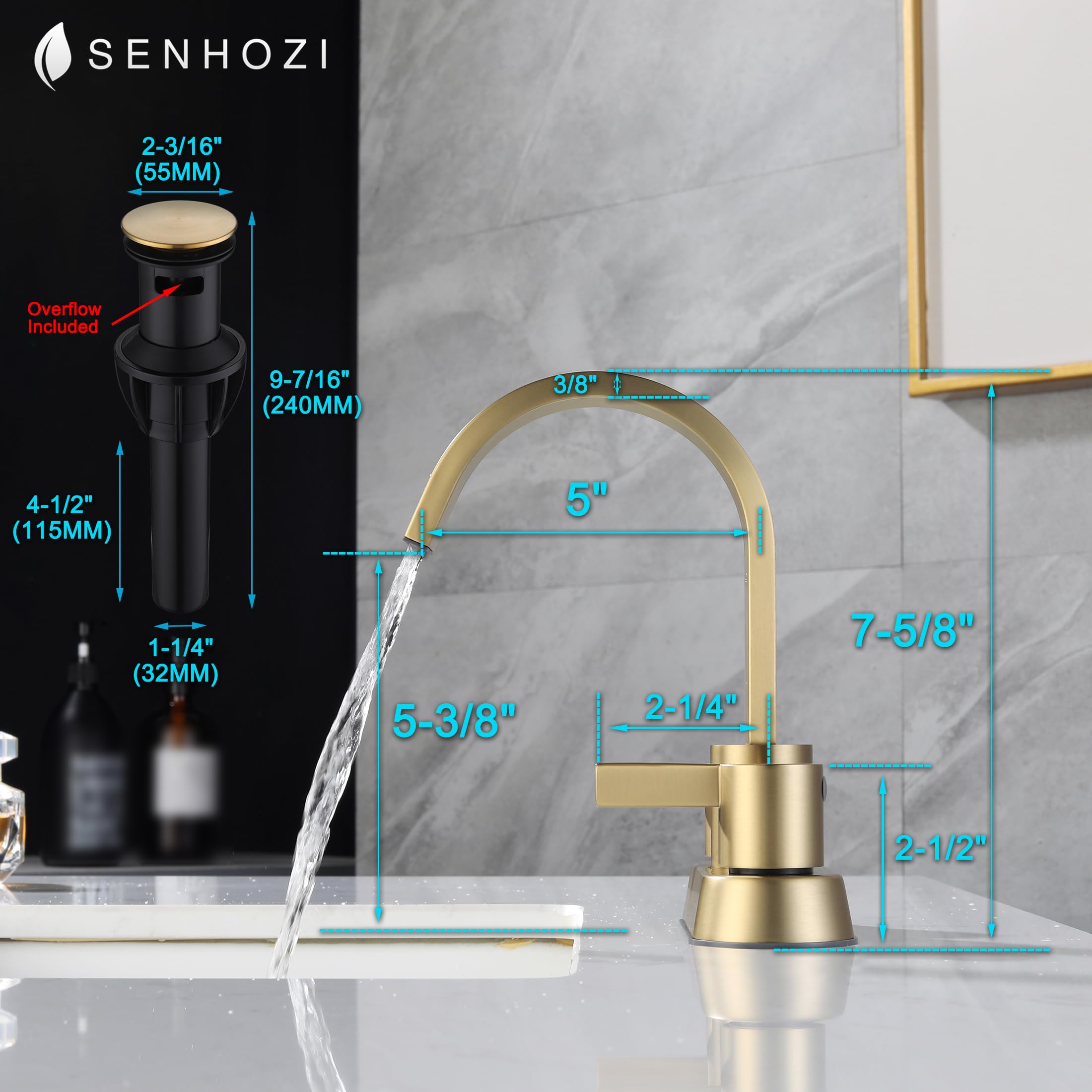 Senhozi Bathroom Sink Faucet 3 Hole Brushed Gold, 2 Handle 4 Inch Centerset Stainless Steel Bathroom Faucet with Pop up Drain and 2 Supply Lines, Waterfall Faucet Modern Faucet Bathroom, SE-0048-BG