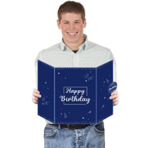 Blue Silver Large Birthday Guest Book Card Decorations for Men Boys, Navy Blue Happy Birthday Signature Book Jumbo Card Party Supplies, Big Birthday Guest Sign in Book, Card Happy Birthday Gift Sign