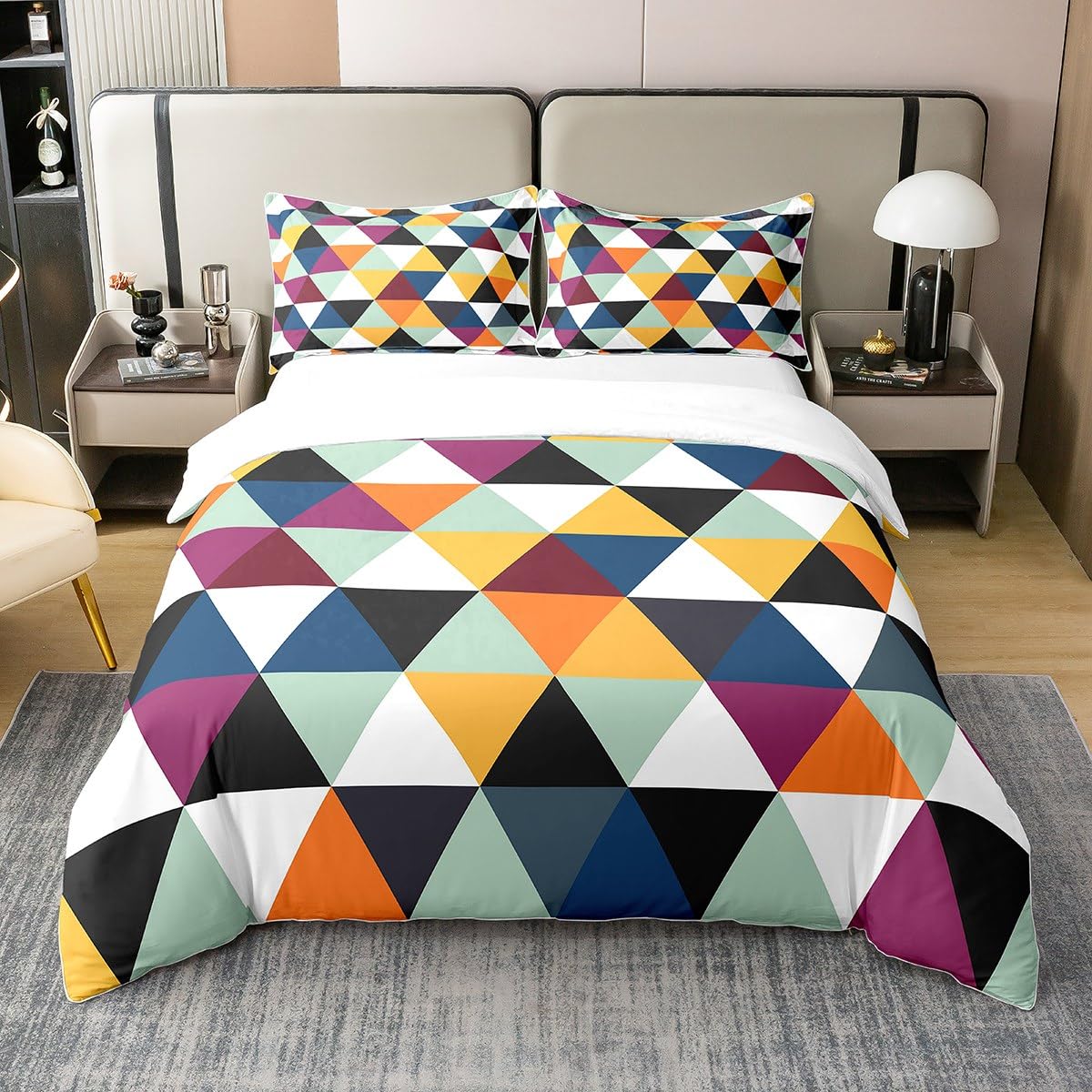 Erosebridal 100% Natural Cotton Geometric Rainbow Duvet Cover,Geometry Diamond Bedding Set,Abstract Triangle Comforter Cover Queen,Modern Fashion Graphic Bed Sets with 2 Pillowcases Home Room Decor