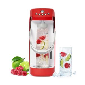 spärkel beverage system | cherry red sparkling water maker | no co2 tank needed | carbonated water machine that uses fresh, natural ingredients | soda streaming machine | 5 unique carbonation levels