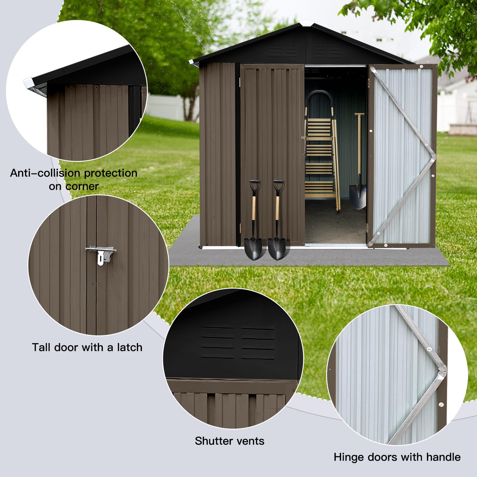 BOVONO Storage Sheds 6ftx4ft, Waterproof Metal Utility Tool Shed Storage House with Door & Lock, Perfect for Garden, Patio& Backyard (Brown + Black)