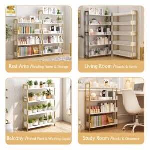 OSCHF Wide Open Shelf Bookcase - Modern 4-Tier Floor Standing Display Bookshelf with Three-Side Baffles for Home and Office, Storage Shelving in Warm White with Gold Frame