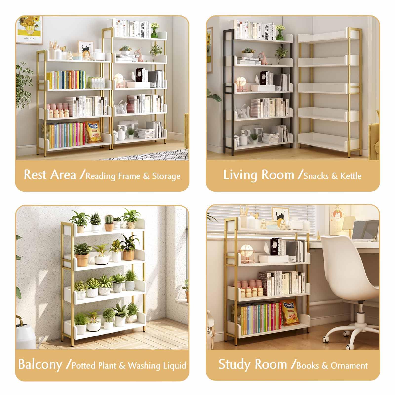 OSCHF Wide Open Shelf Bookcase - Modern 4-Tier Floor Standing Display Bookshelf with Three-Side Baffles for Home and Office, Storage Shelving in Warm White with Gold Frame