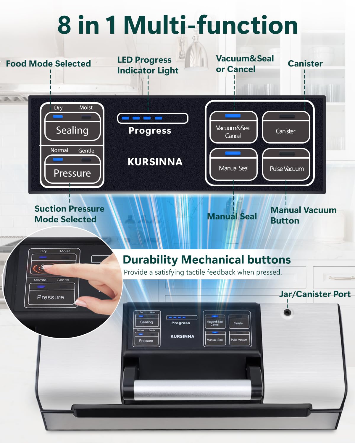 KURSINNA Automatic Vacuum Sealer Machine, 8 in 1 Multi-function Dry/Moist Modes For Food Preservation, Powerful Food Sealer with Built-in Cutter and Bag Storage | VS5738