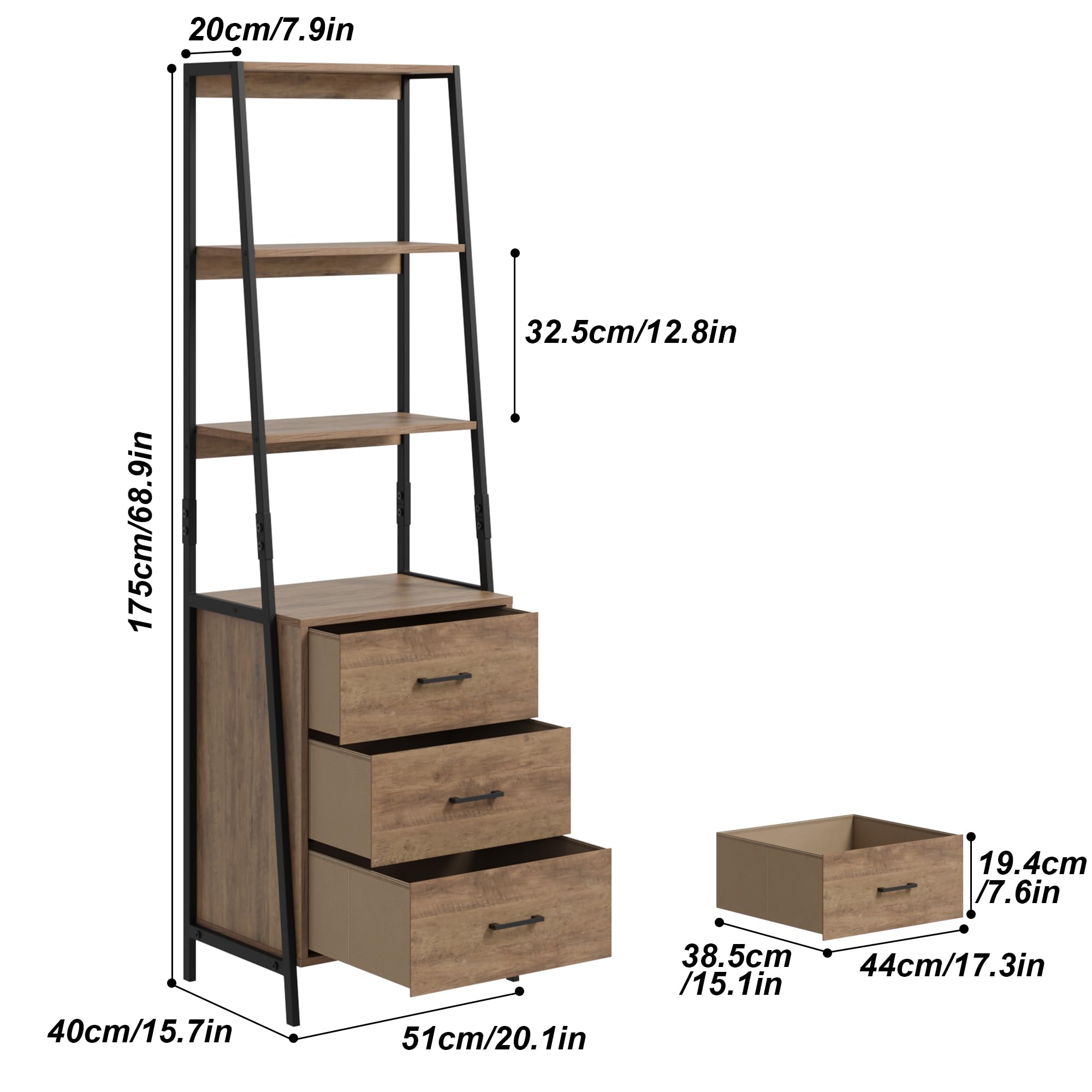 BOTLOG Industrial Ladder Bookshelf with 3 Fabric Storage Drawers, 4-Tier Bookcase, Display Standing Shelf Unit Storage Organizer for Living Room, Entryway, Office, Rustic Brown