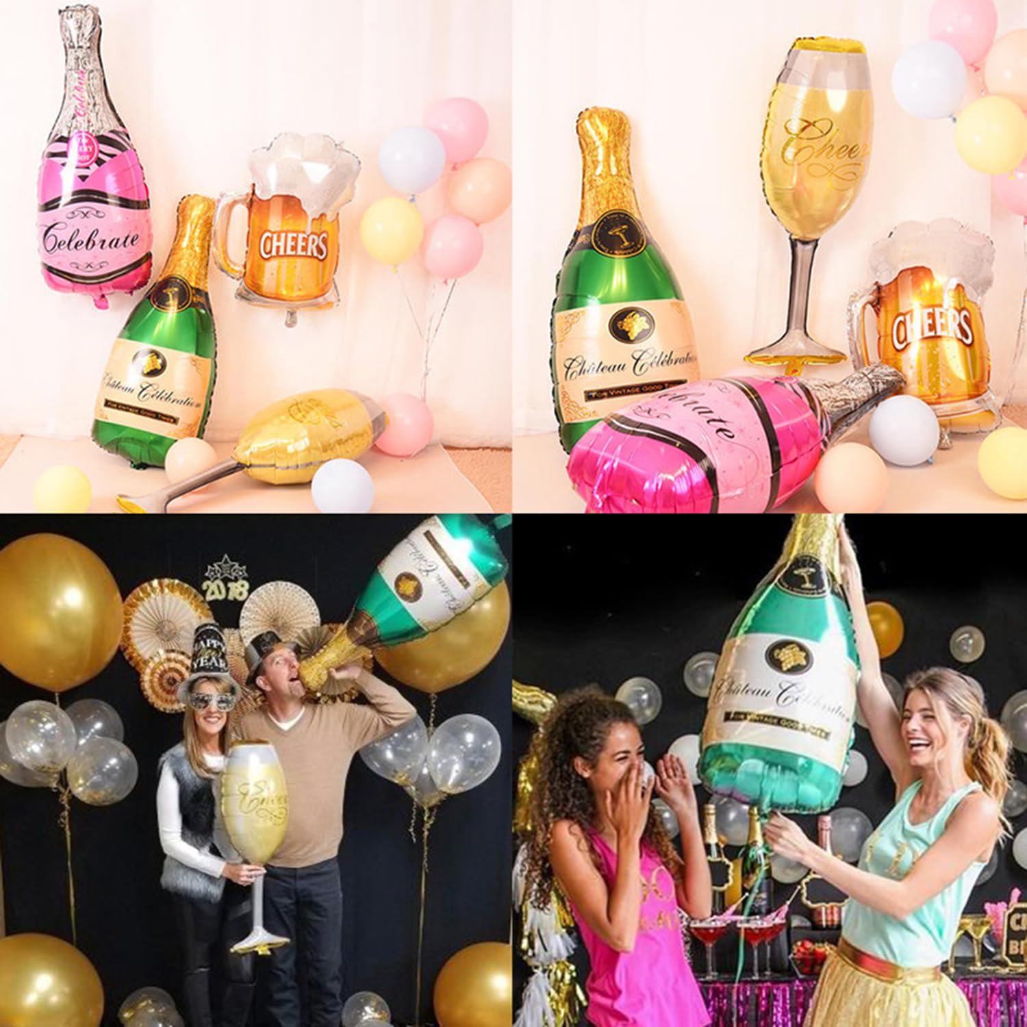 SINGYICO Aluminum Foil Green Champagne Balloon Bottle Mylar Film Balloon for Birthday Engagement Bachelorette Party Bridal Shower Wedding Celebration Anniversary Decorations-4PCS