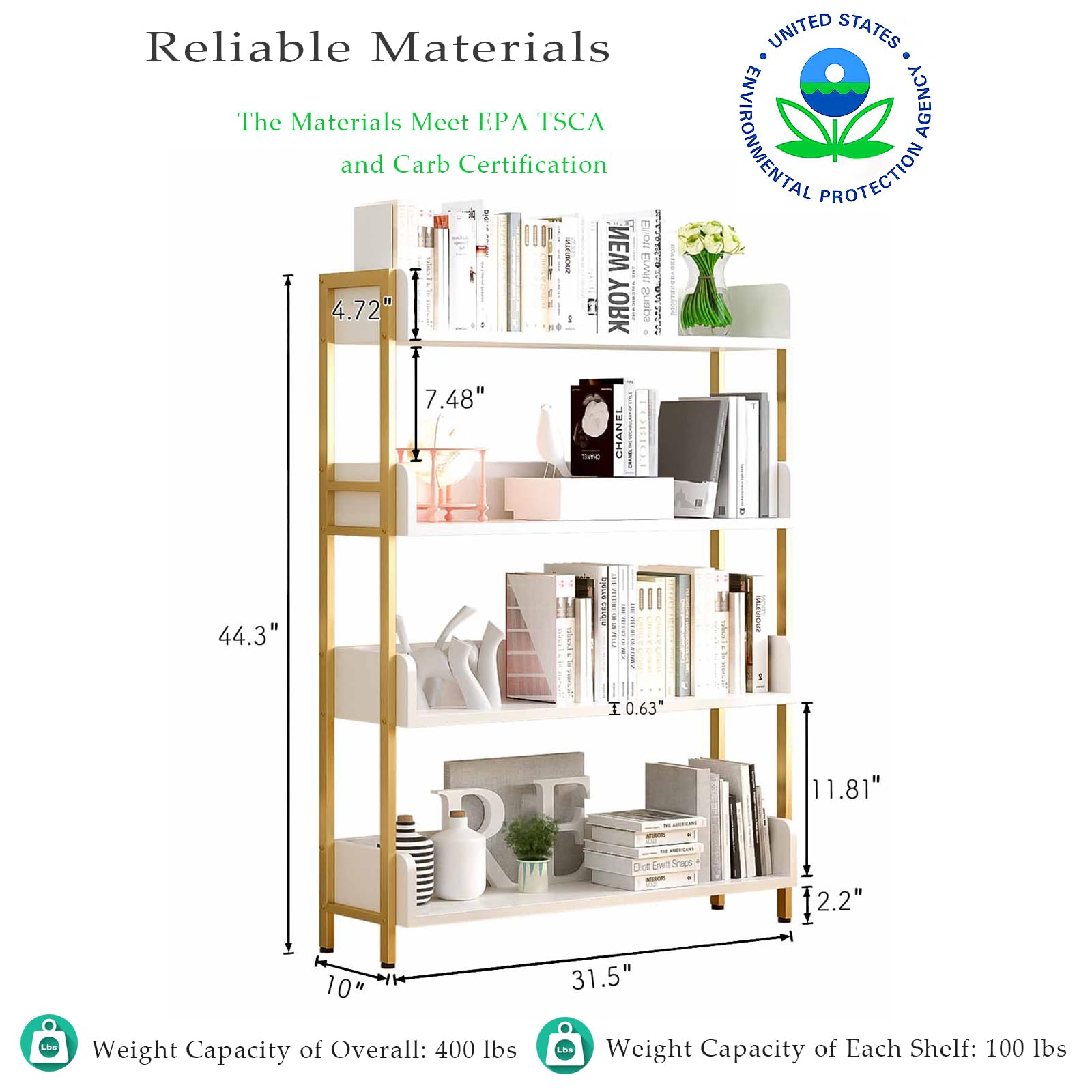 OSCHF Wide Open Shelf Bookcase - Modern 4-Tier Floor Standing Display Bookshelf with Three-Side Baffles for Home and Office, Storage Shelving in Warm White with Gold Frame