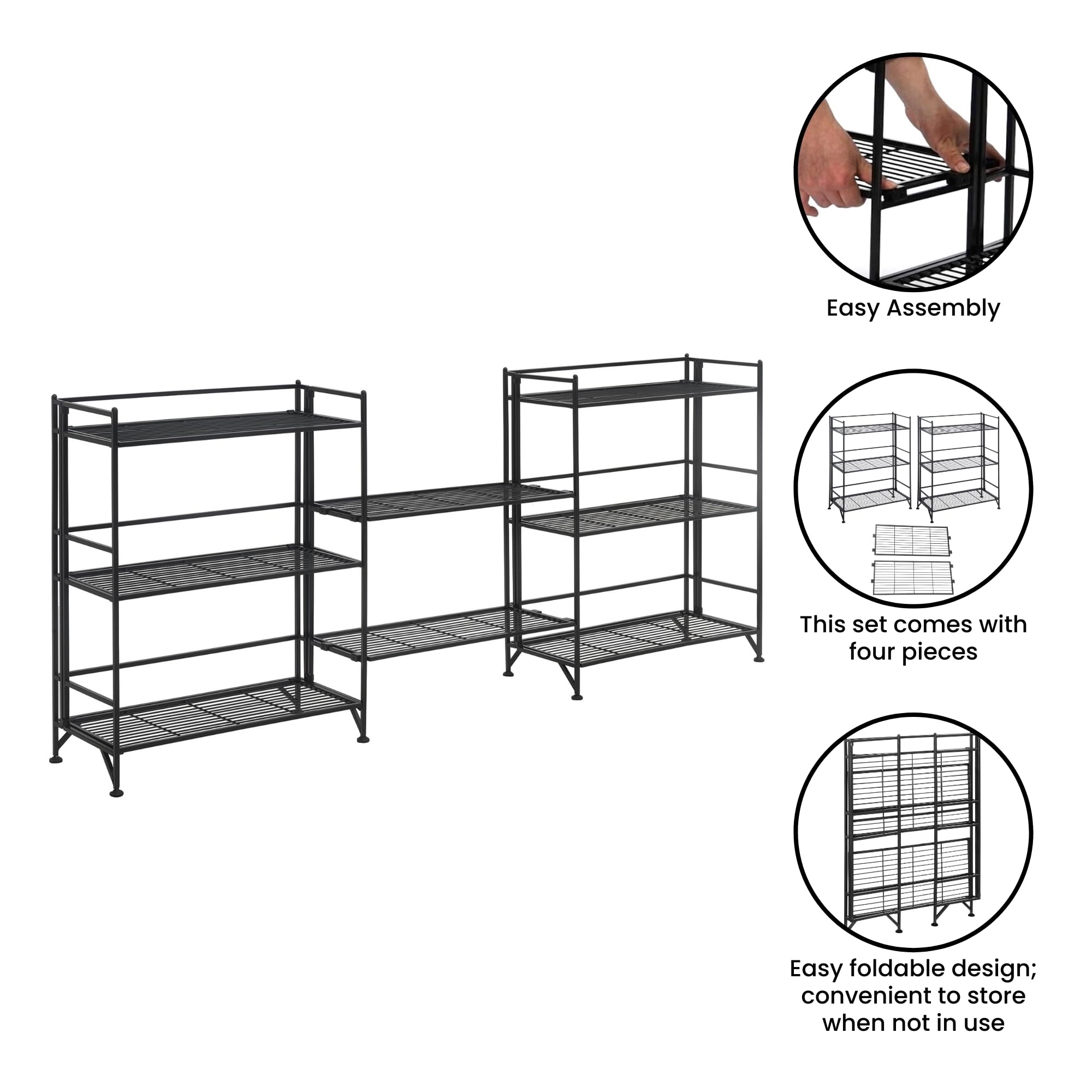 Convenience Concepts Xtra Storage 3 Tier Wide Folding Metal Shelves with Set of 2 Extension Shelves - Organizer for Living Room, Office, Bedroom, Garage, Kitchen, Bathroom, Black