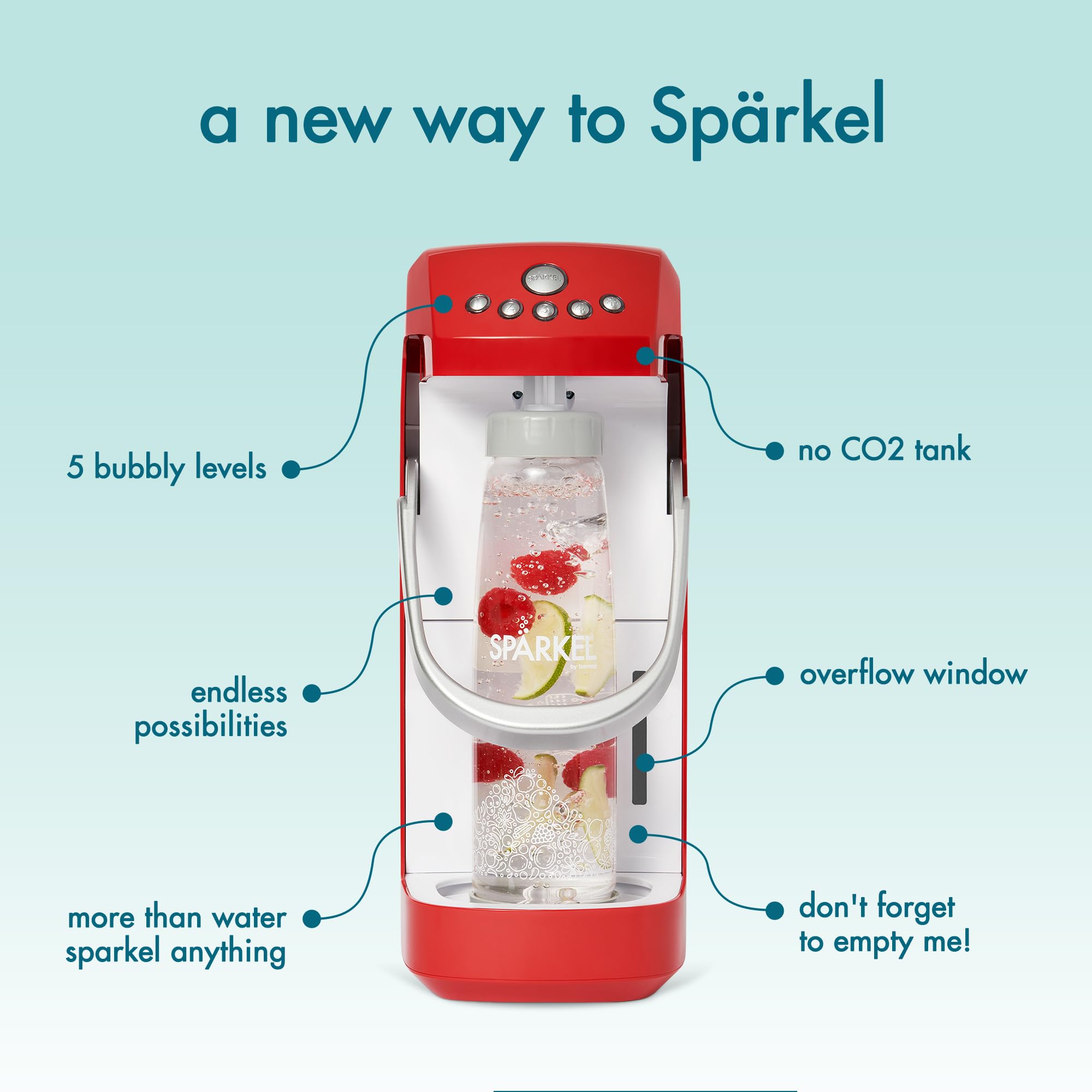 Spärkel Beverage System | Cherry Red Sparkling Water Maker | No CO2 Tank Needed | Carbonated Water Machine that Uses Fresh, Natural Ingredients | Soda Streaming Machine | 5 Unique Carbonation Levels