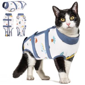 sunfura cat recovery suit, breathable cat surgery recovery suit kitten onesie for cats after surgery, cat surgical spay suit male female e-collar alternative anti licking wounds, blue l