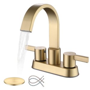 senhozi bathroom sink faucet 3 hole brushed gold, 2 handle 4 inch centerset stainless steel bathroom faucet with pop up drain and 2 supply lines, waterfall faucet modern faucet bathroom, se-0048-bg