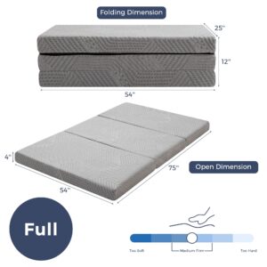 IULULU Folding Mattress Full Size, 4 Inch Tri-Fold Memory Foam Mattress, Foldable Gel-Infused Mattress Topper with Washable Cover for Playroom, Camping, Guest, 75" x 54" x 4"