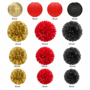 Red-Black Gold Casino Theme Party-Decorations - 20pcs Game Night Paper Lanterns Fans,Tissue Pom Poms,Honeycomb Balls,Bunting,Birthday Graduation Wedding Bridal Baby Shower Decor Burgleda