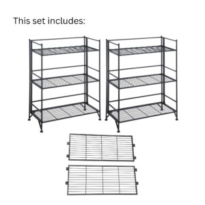 Convenience Concepts Xtra Storage 3 Tier Wide Folding Metal Shelves with Set of 2 Extension Shelves - Organizer for Living Room, Office, Bedroom, Garage, Kitchen, Bathroom, Black