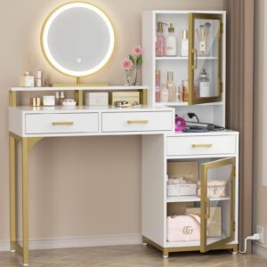 zarler 41" w makeup vanity desk with mirror and led lights, large vanity desk with charging station, makeup table with 2 cabinets and 3 drawers, 16" d x 41" w x 50" h, white