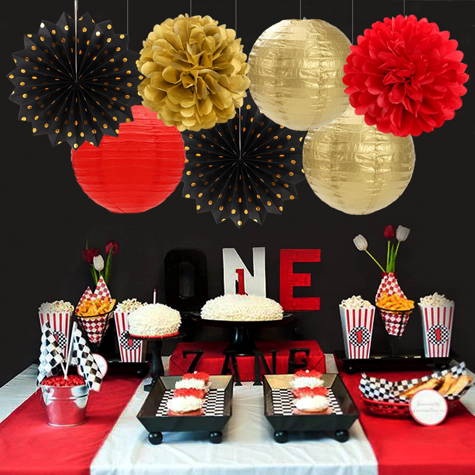 Red-Black Gold Casino Theme Party-Decorations - 20pcs Game Night Paper Lanterns Fans,Tissue Pom Poms,Honeycomb Balls,Bunting,Birthday Graduation Wedding Bridal Baby Shower Decor Burgleda