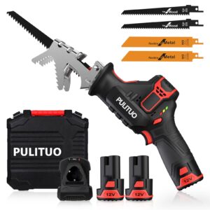 pulituo reciprocating saw cordless, power reciprocating saws compact design，including 2pcs 2000mah li-ion battery, 1-hour fast charger, clamp jaw, 4pcs of saw blades for wood/metal/pvc