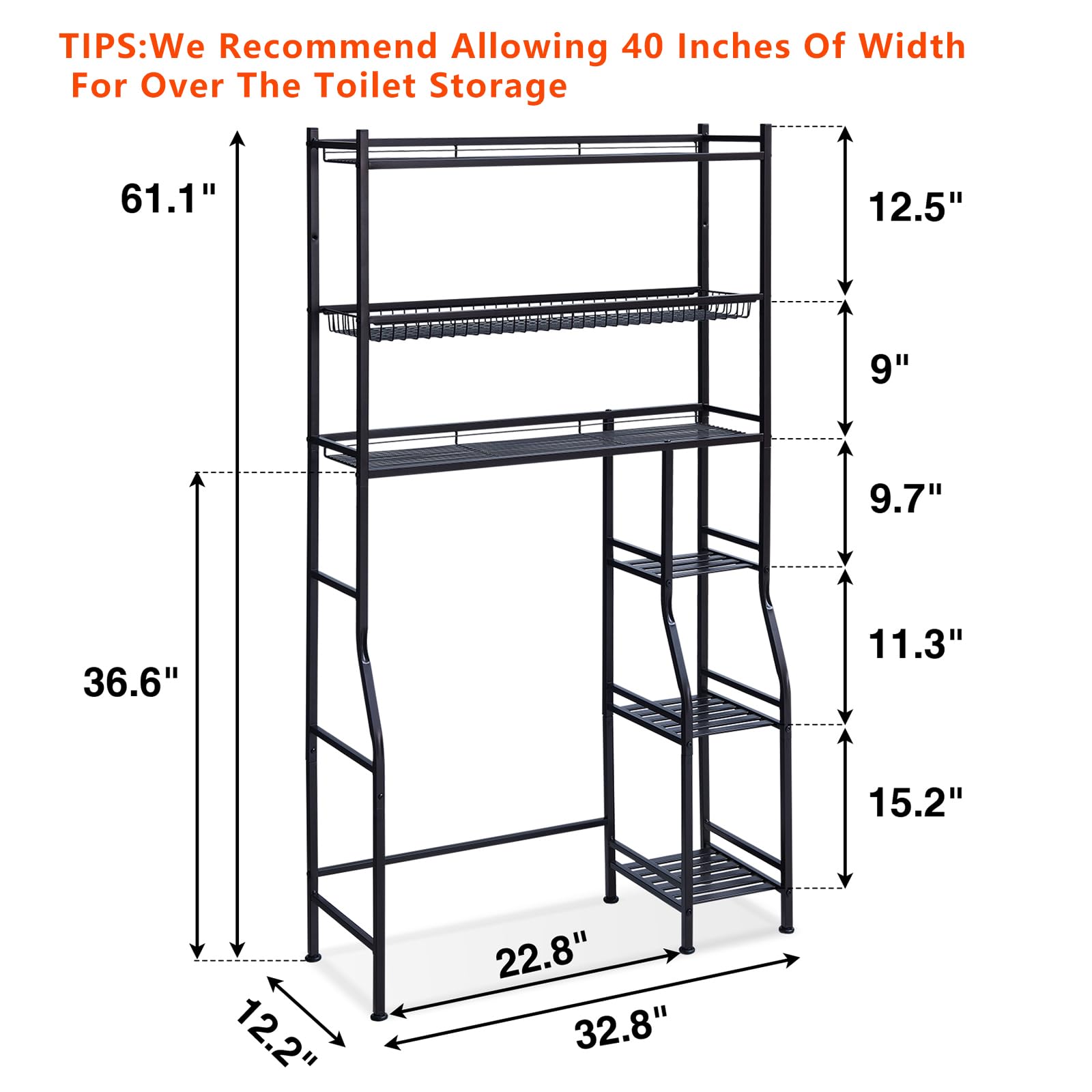 Lauren&Harold Over Toilet Bathroom Organizer 33",6-Tier Over The Toilet Storage Cabinet,Over The Toilet Storage Shelf for Restroom,Laundry(Black)