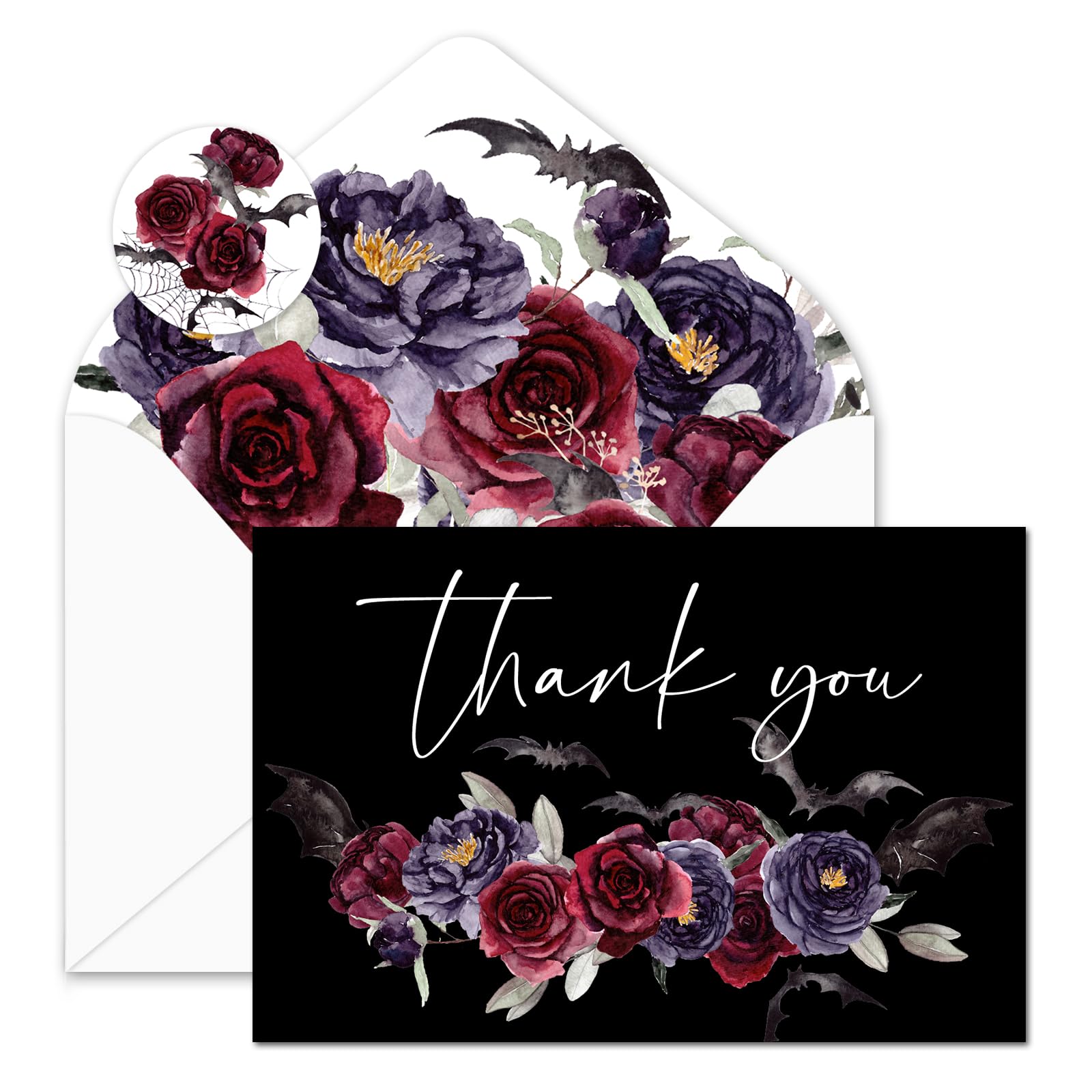 AnyDesign 25 Pack Floral Thank You Greeting Cards Halloween Flower Bat Invitation Cards Spooky Thank You Blank Note Cards for Holiday Party Invitation Supplies, 4 x 6 Inch